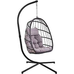 elify Wicker Hanging Swing Chair, Patio Rib Hanging Egg Chair with UV Resistant Grey Cushion and Aluminum Stand Frame in Door Outdoor Patio (Gray)