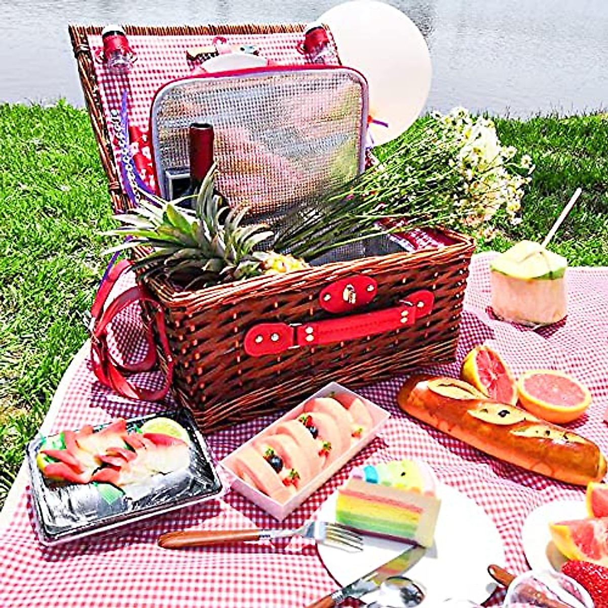 Wicker Picnic Basket Set for 4 Persons with Large Insulated Cooler Bag and Waterproof Picnic Blanket, Willow Picnic Hamper for Family, Outdoor, Camping, Party(Red)