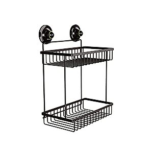 KiahLoc Patented Yellow Ring Indicator Suction Cup Double Rectangular Shelf, Removable Wall Vacuum Holder for Smooth Tile, Glass and Mirror, ABS Hook Cup Hold up to 22lb (Black)