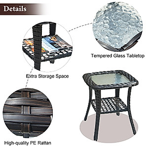 ovios Patio Coffee Table Outdoor Rattan Wicker Side Table with Glass Top, All Weather Outdoor Table End Table for Proch Balcony Backyard Deck, Square, Brown Wicker