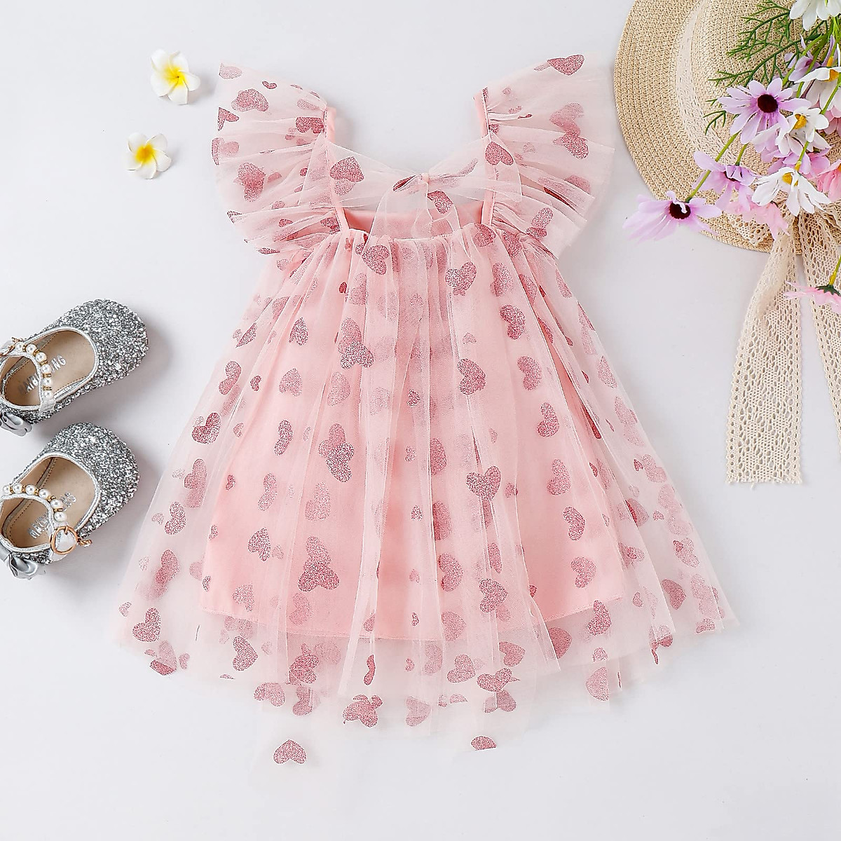Valentine's Day Baby Girl Tulle Dress Kids Heart Tutu Skirt Lace Sleeveless Princess Sundress (Pink,12-18M)