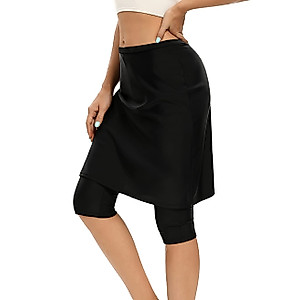 MAXE Women Swim Skirt with Legging Sun Protective UPF 50+ Swimming Tight Attached Skort Capris Black, Small
