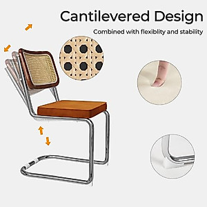 MeetLeisure Rattan Dining Chair Set of 2, Mid-Century Modern Chairs with Metal Chrome Legs, Armless Cane Back Chairs with Upholstered Cushion for Home Kitchen Dining Room, Walnut Brown/Orange