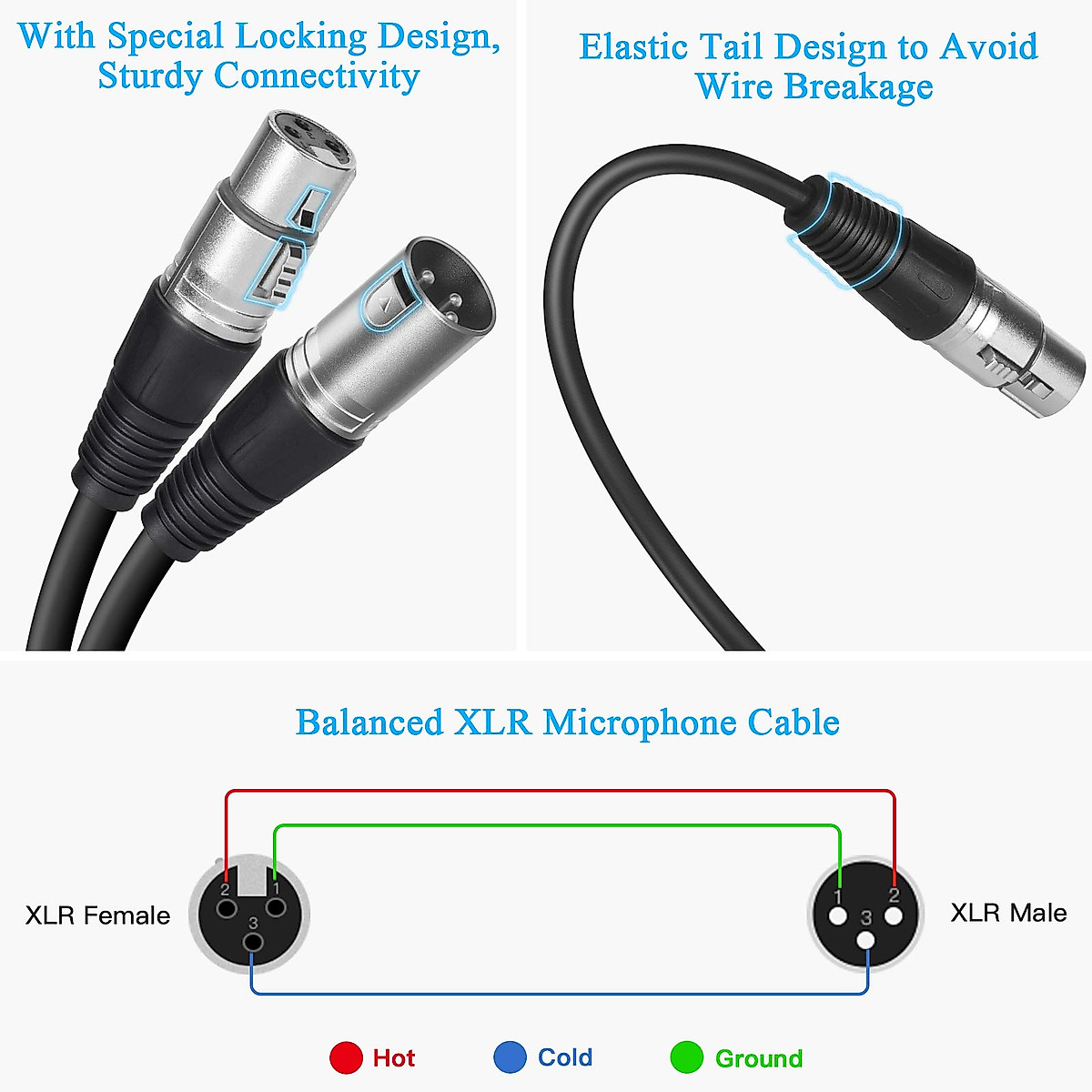 HOSONGIN XLR Cables 3.3 Ft 2 Packs, Balanced XLR Microphone Cable Male to Female 3-PIN XLR Mic Cords DMX Cables 3.3 Feet, Black