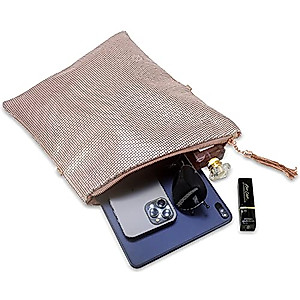 Venoline Large Metal Mesh Evening Clutch Bag Convertible Handbag Tassel Purse Rose Gold