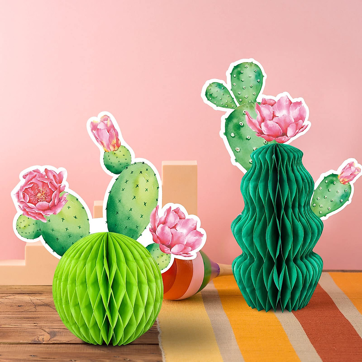 Whaline 6Pcs Cactus Honeycomb Centerpieces Succulent Plants Paper Table Topper Greenery Bloom Theme Summer Party Table Decoration for Birthday Hawaiian Luau Baby Shower Photography, 3 Design