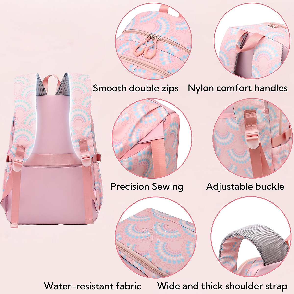 Elementary School Backpack for Girls,Waterproof Student Bookbag with Lunch box and Pencil Case