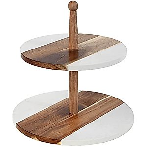 BALIN DESIGNS Two Tiered Serving Tray, White Round Acacia Wood Tiered Tray, 2 Tier Serving Stand for Kitchen Counter Decor, Round Wooden Trays for Home Decor - White Marble