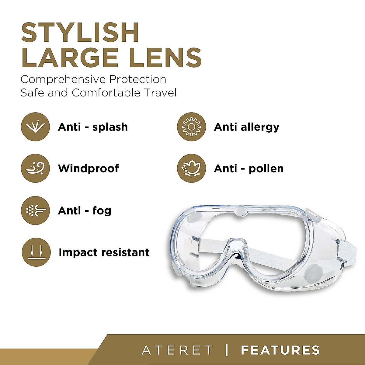 ATERET 1 Pack Safety Goggles, Lightweight Adjustable Clear Lens Eyewear, Chemical Splash Safety Glasses