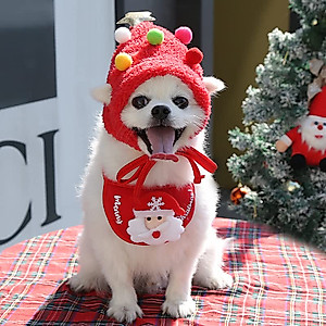 BONICI 2 Pcs-Super Cute Funny Kawaii Dog Puppy Christmas Suit Hat+ Saliva Towel Tissue, Dog Christmas Costume Pet Santa Outfit Santa Reindeer Deer Christmas Green Tree Snowman -Red Hat (S)