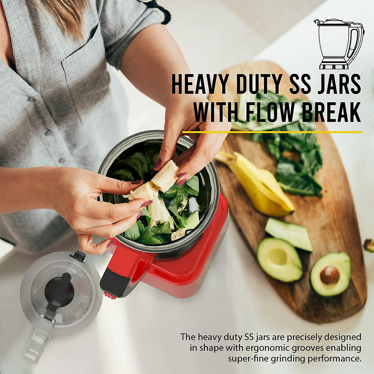 EconoHome Mixer Grinder - Electric Mixer Grinder for Asian Cooking, Food Prep - Includes Liquidizing Jar, Dry & Wet Grinder Jar, Chutney Jar, Lids & Spatula - 750W Motor, Stainless Steel 304 Blades