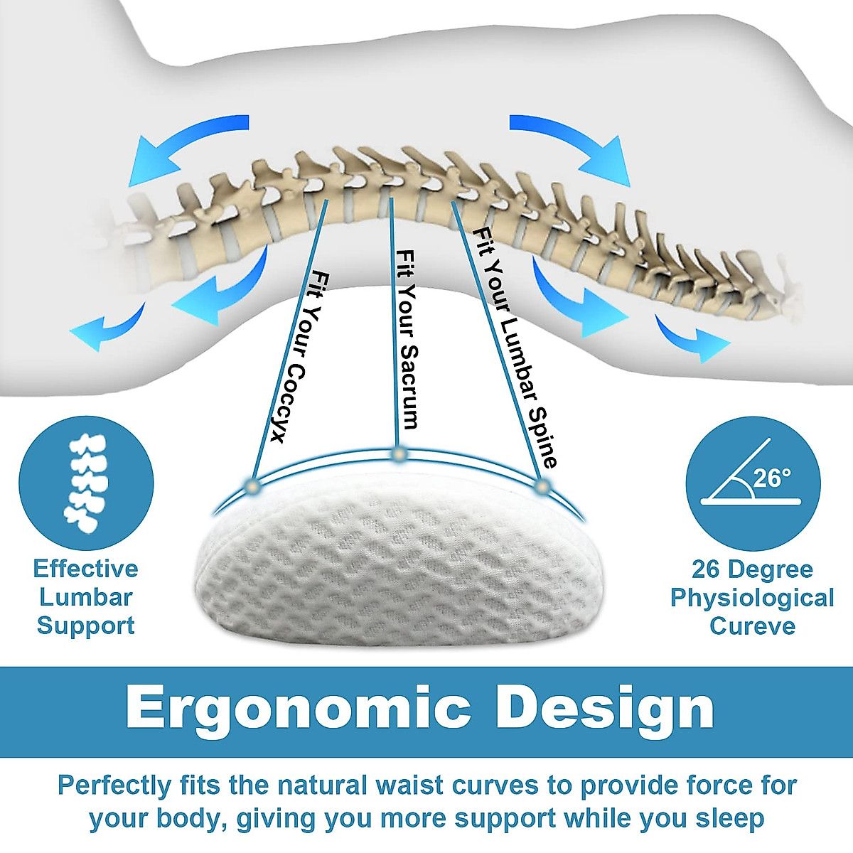 Lumbar Support Pillow with Massage and Heat, Back Support Cushion for Sleeping, Massager Pillow for Bed with Heating, Ergonomic Memory Foam Pillow for Lower Back Pain, Vibration Pad for Office Chair