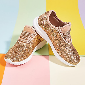K KIP WOK Toddler Girls Glitter Sneakers Sparkle Slip On Walking Shoes for Kids/Children Breathable Running Sneakers(Rose Gold2,Big Kids 4)