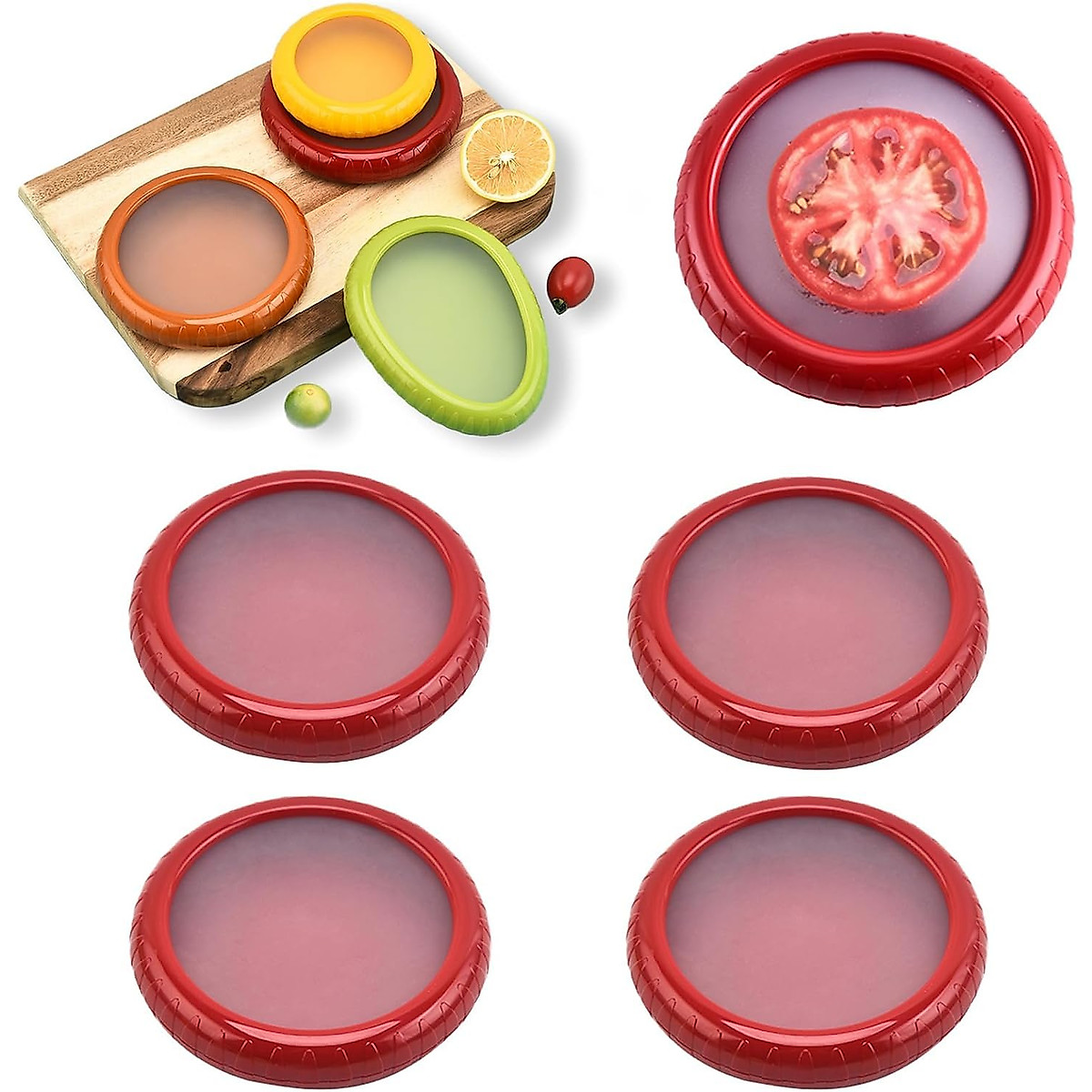 GuangMaii Silicone Fruit Storage Box, 4Pack Reusable Fruit and Vegetable Storage Containers, Fridge Keep Fresh Stretch Storage Pod with Lid for Lemons Garlic Tomato Peper Potatoes (Red, 4Pack)