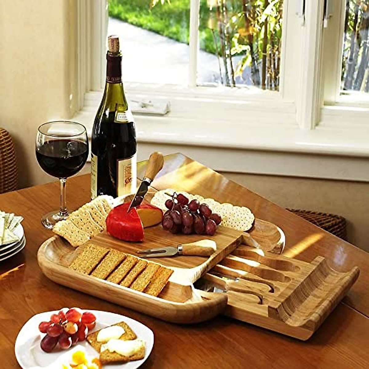 Bamboo Charcuterie Cheese Board and Knife Set, Serving Platter Tray with Cutlery Set, Housewarming Gifts, Entertaining Serving Dishes, Cheese Serving Plate, Large Cheese Charcuterie Board