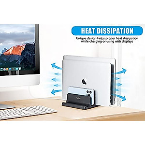 Ryvlan Vertical Laptop Stand, Adjustable 3 Slot Laptop Storage with Rubber Padding, Multiple Laptop Holder for Desk, Premium Plastic MacBook Holder - Ipad Shelf, Kindle, Tablet Storage - Black