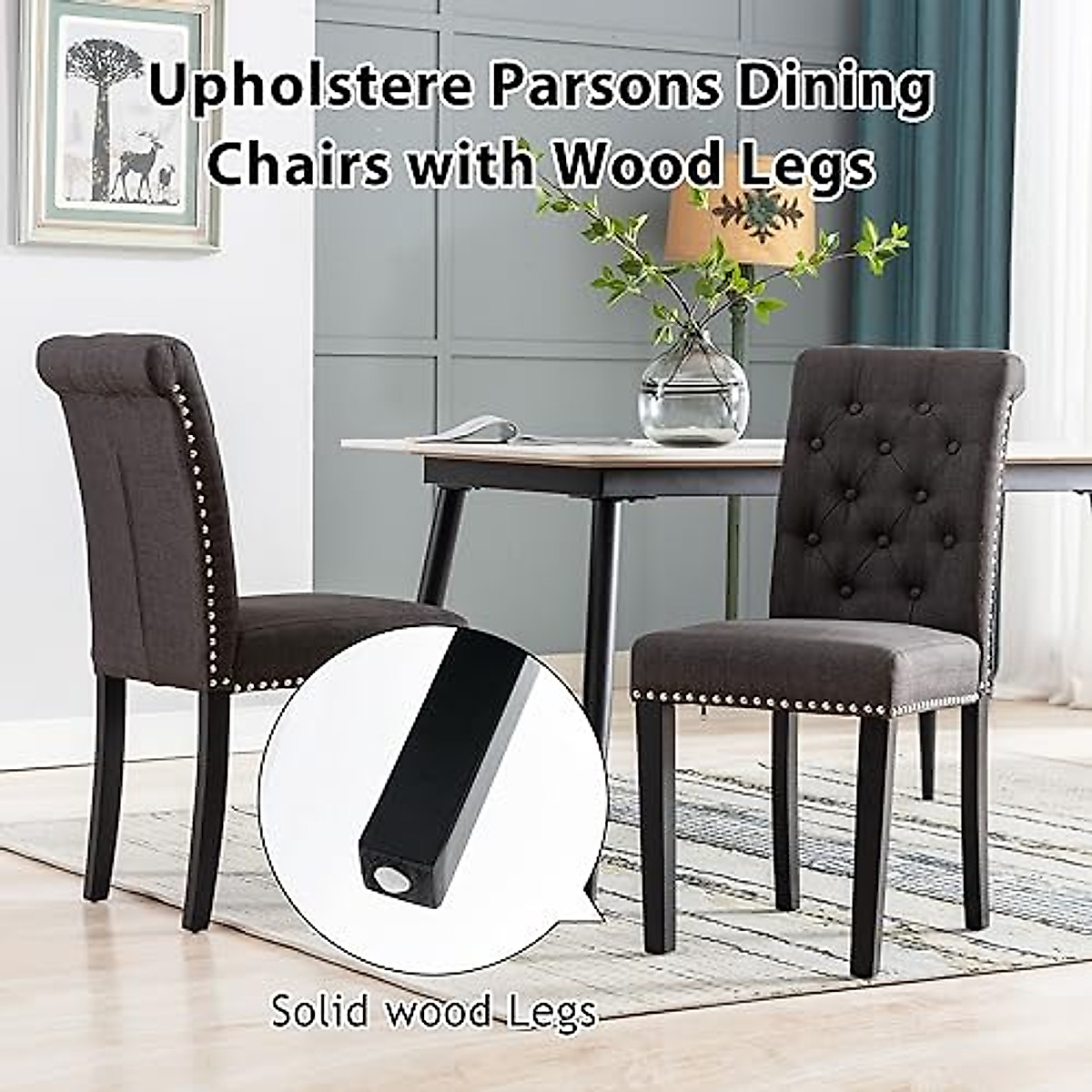 ABET Modern Dining Chairs Set of 2, Button Tufted Parsons Dining Chairs, Upholstered Fabric with Nailheads and Solid Wood Legs, Stylish Kitchen Chairs with Padded Seat, Dark Grey