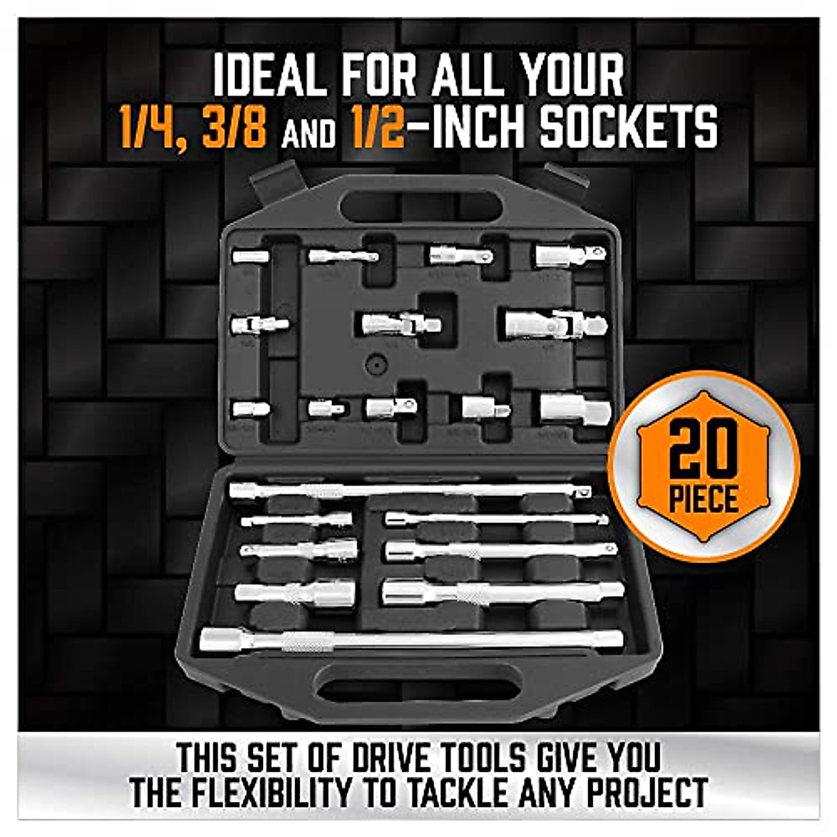 HORUSDY 20-Piece Extension Bar Set, 1/4", 3/8" and 1/2" Drive Socket Extension Set