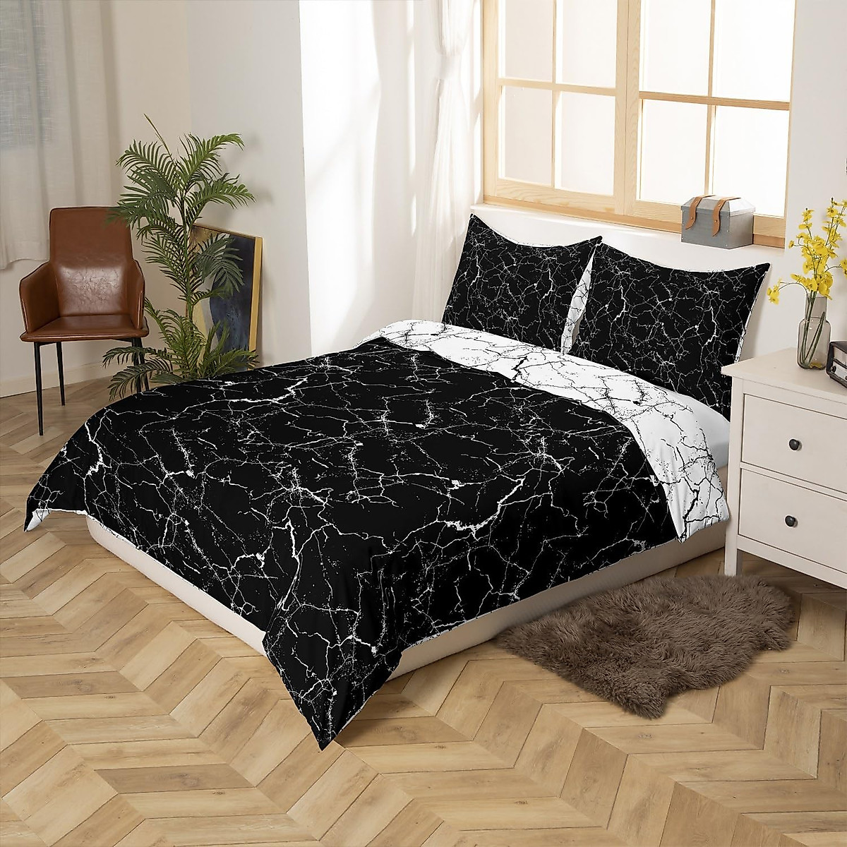 Black Marble Duvet Cover Queen Reversible White Marble Bedding Set 3 Pcs Black and White Marble Texture Printed Comforter Cover, Ultra Soft Microfiber Bed Quilt Modern Style for Men and Women
