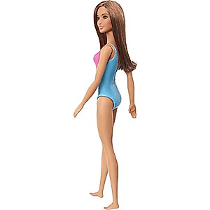 Barbie Doll, Brunette, Wearing Blue, Pink and Orange Swimsuit, for Kids 3 to 7 Years Old