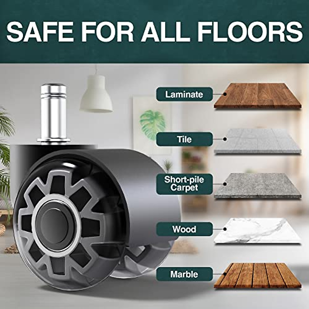 Office Chair Wheels Replacement 2 Inch Heavy Duty Rubber Chair Casters Universal Size Wheels for Office Chair Smooth Safe Rolling for All Floors Set of 5