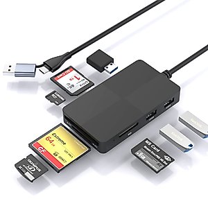 USB C USB3.0 Multi Card Reader Hub, SD/XD/TF/CF/MS Card Slot with 3 USB3.0, 8 in 2 Memory Card Reader/Adapter/Hub for SD SDXC SDHC CF CFI XD MS TF Micro SD Micro SDXC SDHC MS MMC UHS-I USB Stick Mouse