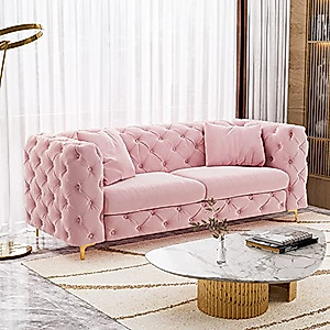 DAMAIFROM 79 Inch Sofa Couch Modern Velour Upholstered Couch Contemporary Tufted Velvet Casual Sofa High Arm and Metal Gold Legs Decor with 2 Piilows Big Comfy Couch Sofas for Living Room(Pink)