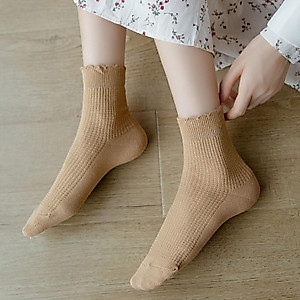 zrylibya Women Cute Ruffle Frilly Turn Cuff Ankle Socks Scalloped Pointelle Solid Casual Crew Socks 4 Pairs (Black,White,Khaki,Yellow)