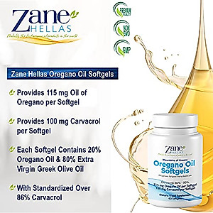 Zane Hellas Oregano Oil Softgels. Extra Strength. Every Softgel Contains 15% Greek Essential Oil of Oregano. 64 mg Carvacrol per Softgel. 60 Softgels. Pack of 2