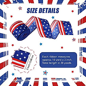 20 Yards 2 Rolls Stars and Stripes Wired Edge Ribbon Independence Day Red White and Blue Ribbon Patriotic American Flag Ribbon 4th of July Satin Ribbon for Memorial Day Party DIY Decor, 2 Inch Wide