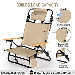 REALEAD Reclining Beach Chairs for Adults - Extendable High Back Low Profile Beach Chair with Headrest, Cooler Pouch, Cup Holder, 4-Position Lay Flat Folding Beach Chairs Heavy Duty Support 330LBS