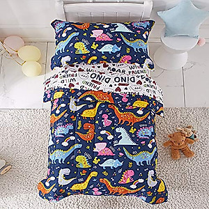 Joyreap 4 Piece Toddler Bedding Set, Standard Size Colorful Dinosaur Printed on Navy, Includes Quilted Comforter, Fitted Sheet, Top Sheet, and Pillow Case for Boys n Girls