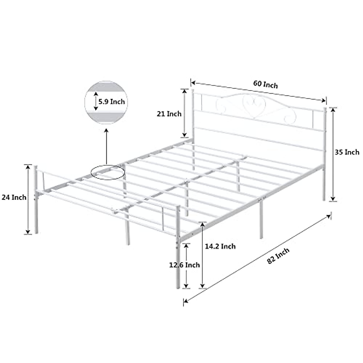VECELO 14 Inch Queen Size Metal Platform Bed Frame with Headboard and Footboard, Heavy Duty Mattress Foundation with Steel Slats Support, No Box Spring Needed, White