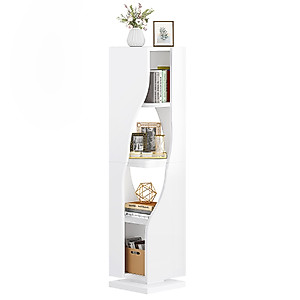 YITAHOME Bookcase Corner Bookshelf, Small 4-Tier Rotating Bookshelf, 360 Display Bookcase Spinning Tower Narrow Shelf Organizer Storage Showcase Cabinet for Living Room, Study Room, White