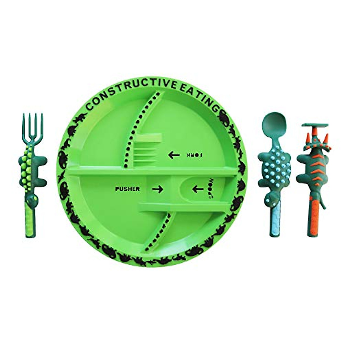 Constructive Eating Plate and Utensils Set Dinosaur - Made in USA - Toddler Dinnerware, Kids Dinnerware and Utensils Set for Ages 1-3, Toddler Utensils 2 and 3 Year Old, Divided Toddler Plates