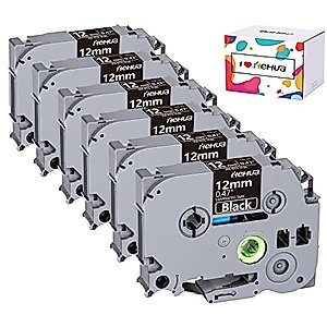 Hehua 12mm 0.47 Laminated Black Tape Compatible for Brother P Touch Label Tape TZe-335 TZe335 TZ-335 TZ335 White on Black for PT D200 D210 D220 D400 D600 PTH110 PT-H100 PT1280, 12mm x8m, 6 Pack