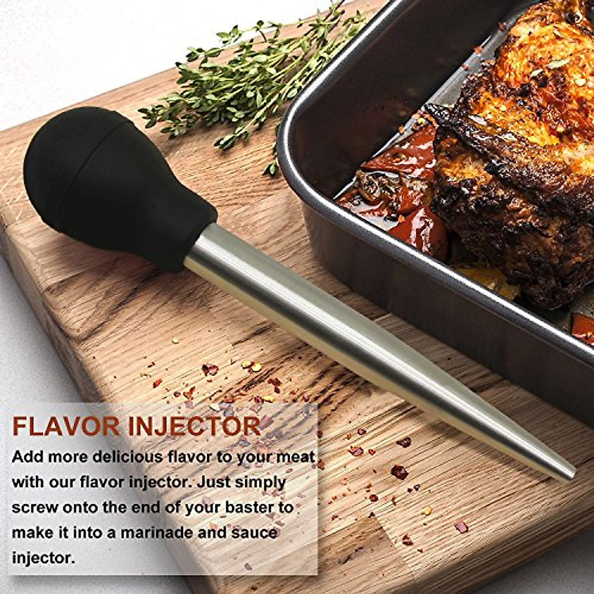 Kaycrown Stainless Steel Turkey Baster With BBQ/Grill Basting Brush, Commercial Grade Quality Rubber Bulb Including 2 Flavor Needles And Cleaning Brush For Easy Clean Up