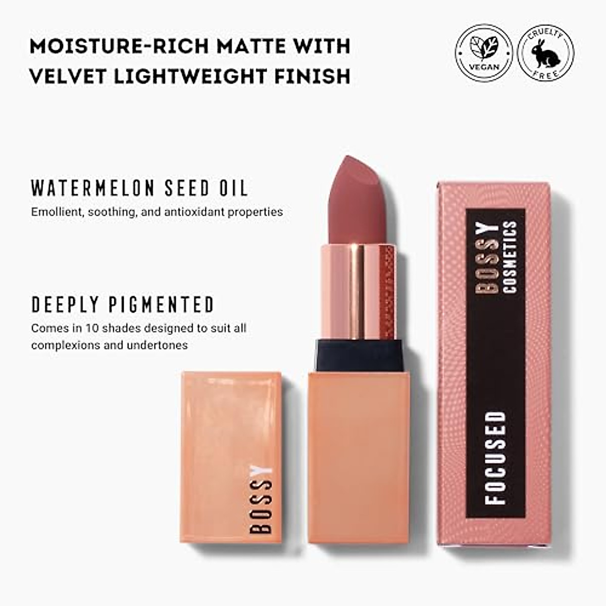 Bossy Cosmetics Matte, Long Lasting, Hydrating Vegan Lipstick with Vitamin E and Watermelon Seed Oil (Focused - Pink Mauve Color)