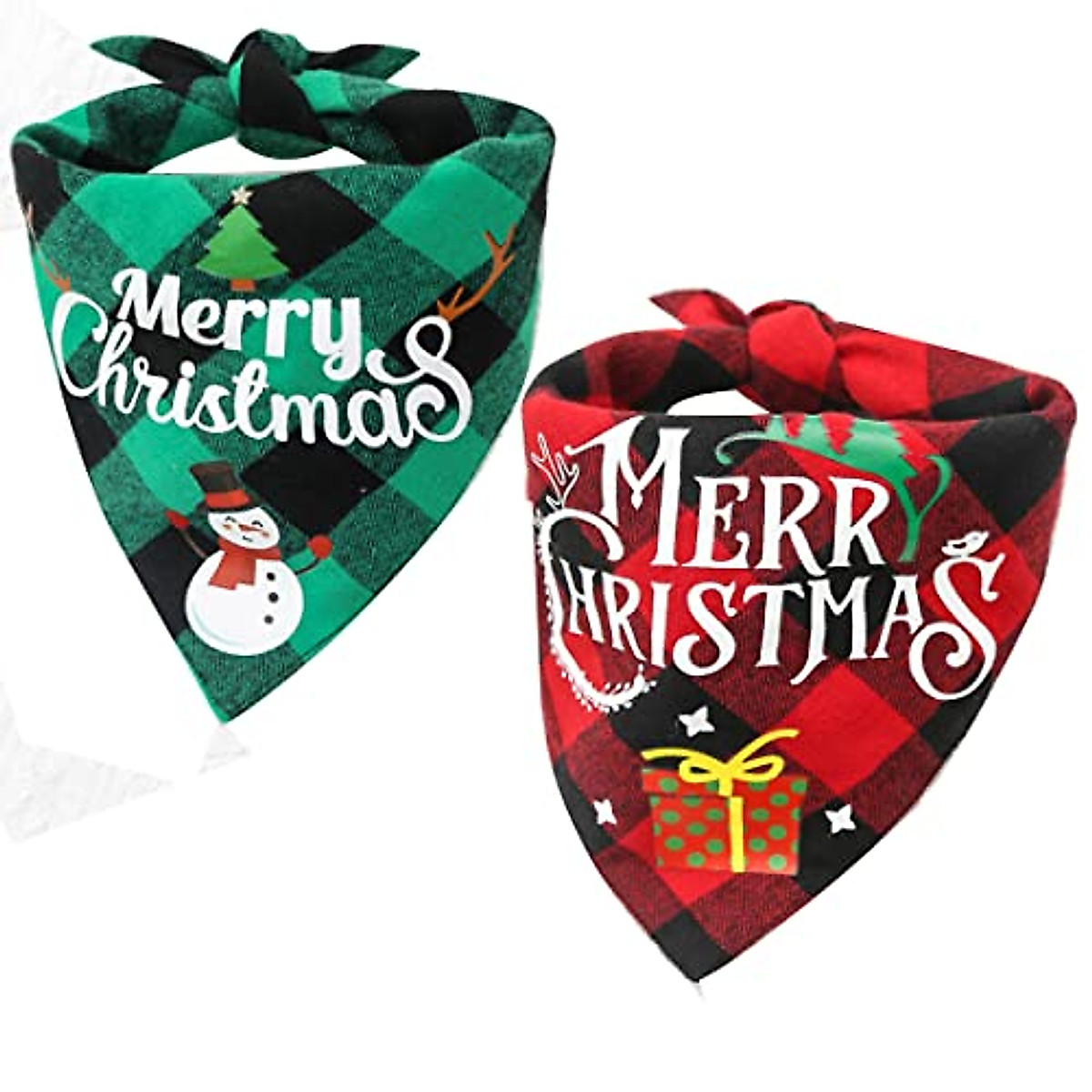 2 Pack Christmas Dog Bandanas,Double Layer Reversible Washable,Merry Christmas Snowman Gift Packages Pattern On Plaid Green Red Soft Cotton for Small Medium Large Dogs Cats Pets