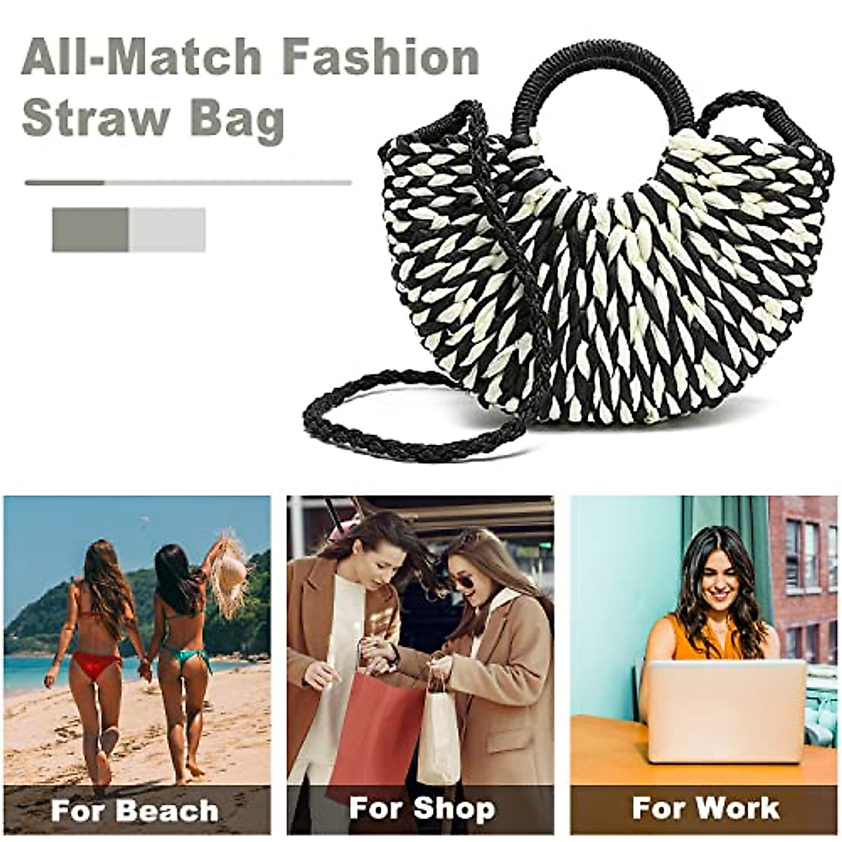 QTKJ Women Summer Retro Straw Tote Bag Hand-woven Boho Shoulder Bag Crossbody Bag Round Handle Beach Handbags (Black)
