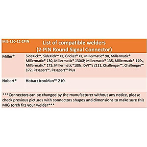 150 Amp MIG Gun Torch Replacement for Miller - 12 Feet Cable - Two-Pin Signal Connector