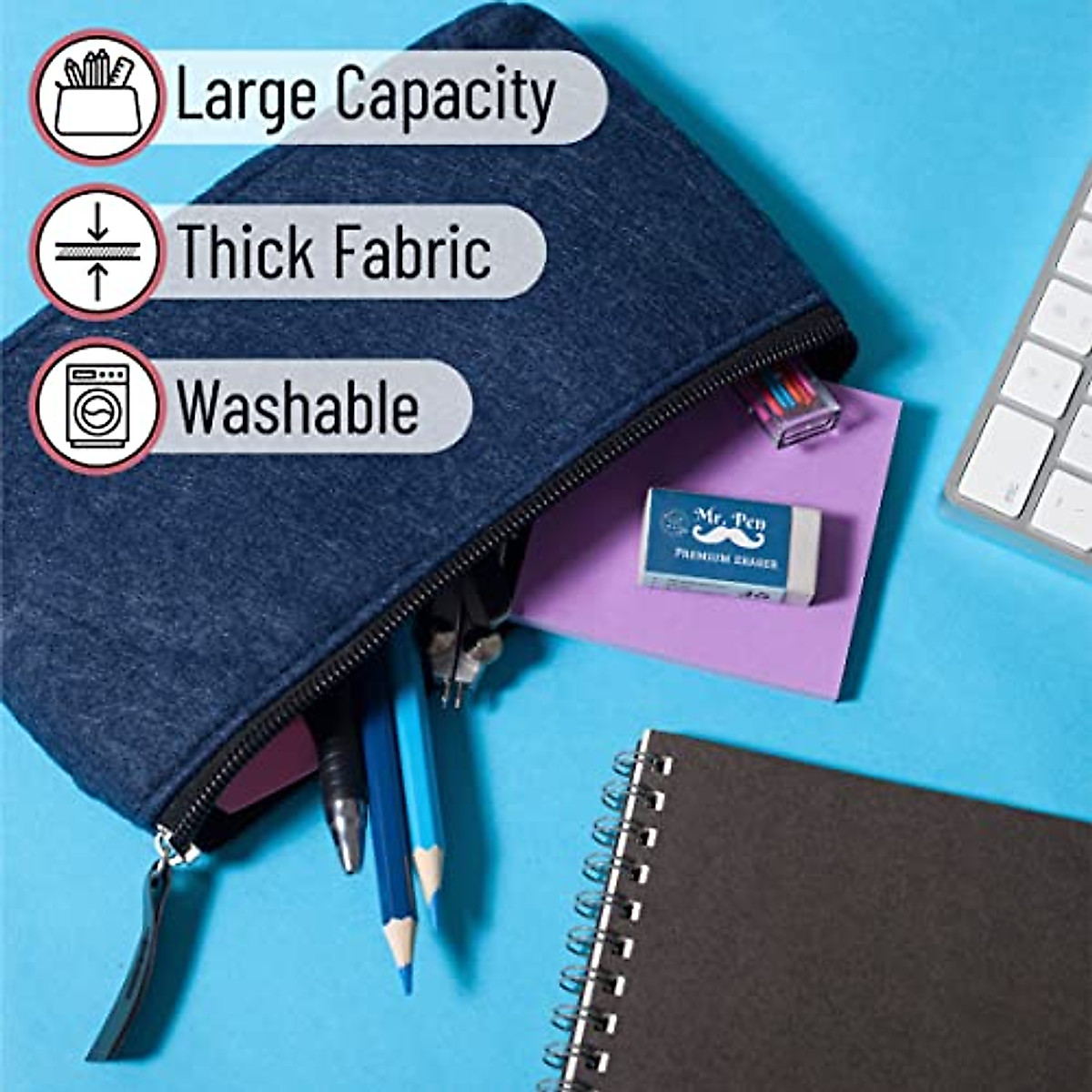 Mr. Pen- Pencil Case, 3 Pack, Blue, Felt Fabric Pencil Case, Pencil Pouch, Felt Pencil Case, Felt Pouch Small, Pen Bag, Pencil Pouch Small, Pen Case, School Supplies, Felt Pencil Bag, Pencil Case