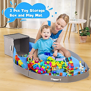 Zxyculture 2 Set Toy Storage Organizer and Play Mat - 13"x13"x13" Stackable and Foldable Cube Toy Organizers and Storage Bins for Boys and Girls (Warm Grayish Beige)