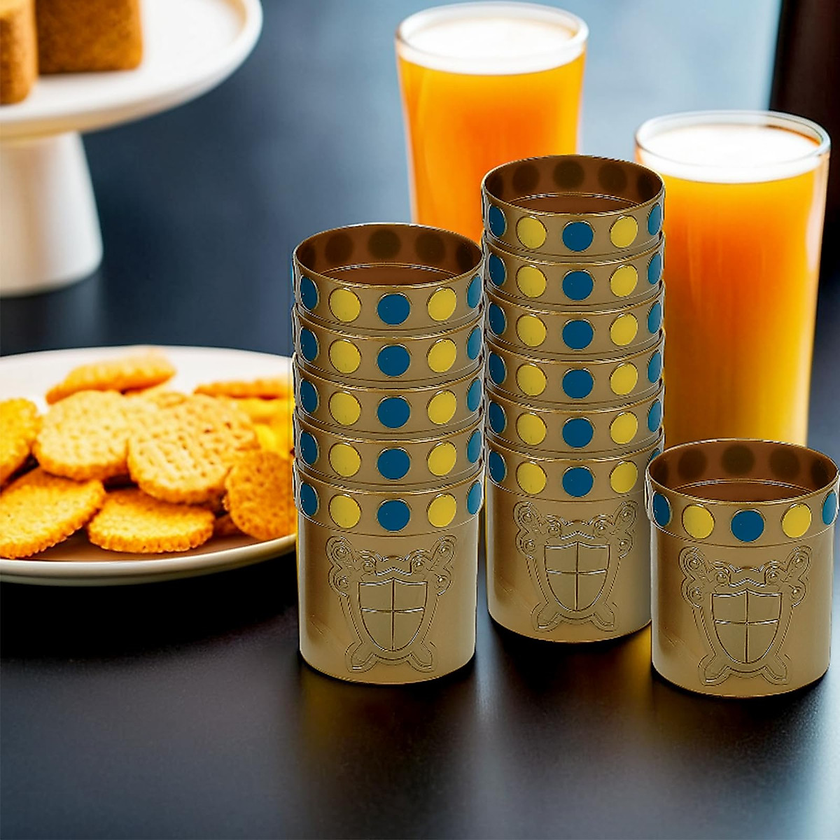 Fun Express Set of 12 Pieces Knight Party Mugs with Jewel Rim, Holds 8 oz, BPA Free Plastic, Royal and Princess Themed Party Supplies, Golden