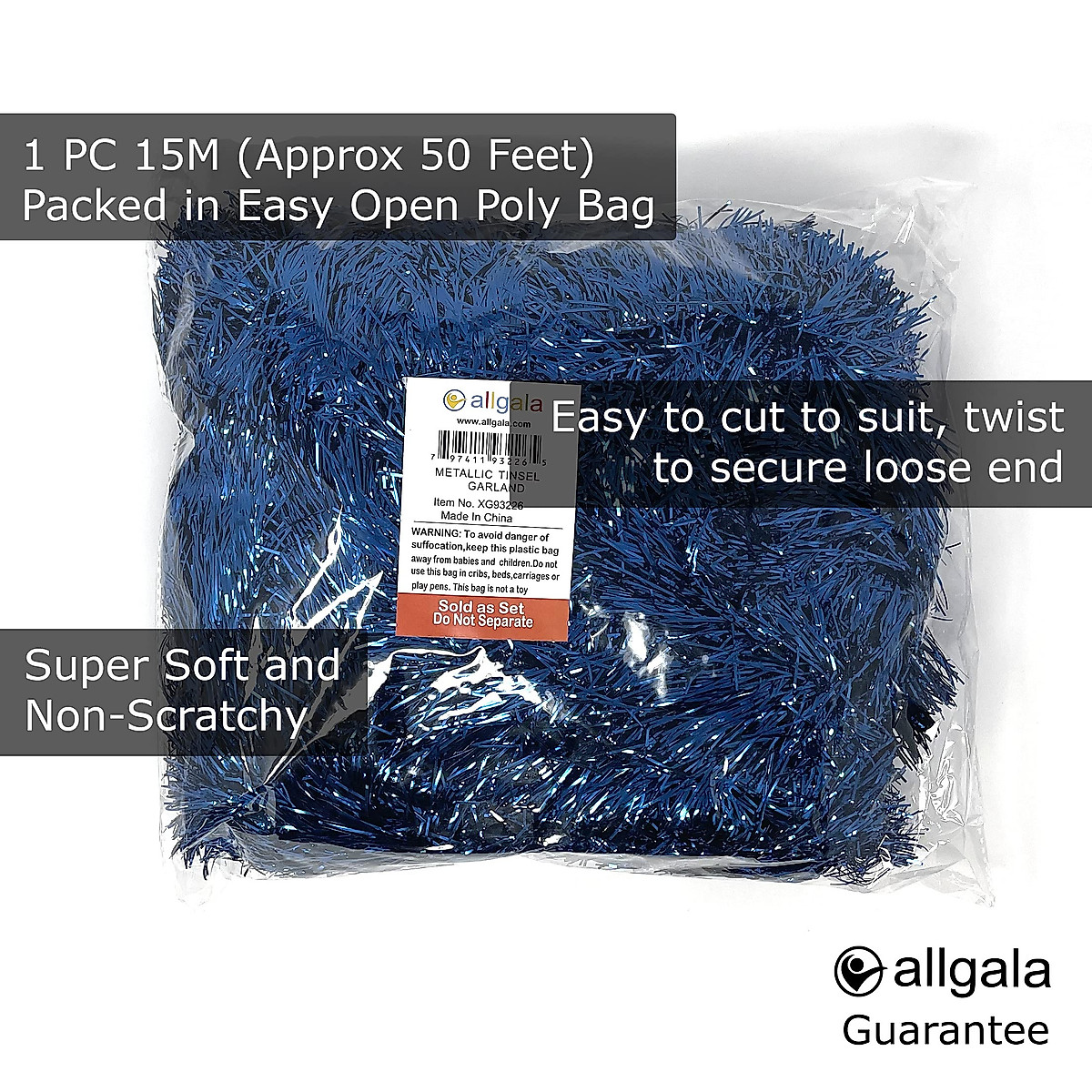 Allgala Navy Blue Tinsel Garland, 50 Feet Christmas Metallic Foil Tinsel Garland Decoration for Holiday Tree Walll Rail Home Office Event Fall Thanksgiving Decoration