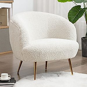 LukeAlon Faux Fur Single Sofa Chair, Upholstered Round Back Living Room Chair Comfy Accent Chair with Gold Metal Legs Leisure Armchair Modern Barrel Chair for Bedroom Reading Room, Creamy White