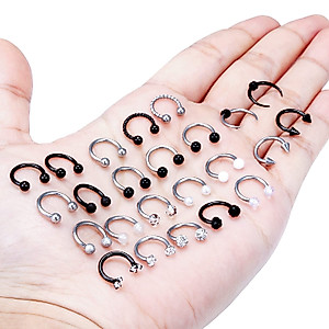 Ftovosyo 24Pcs 16G Surgical Steel Nose Septum Rings Piercing Jewelry Horseshoe Cartilage Helix Daith Earring Hoop Eyebrow Lip Hoop for Women Men 8mm 5/16 Inch Silver Black