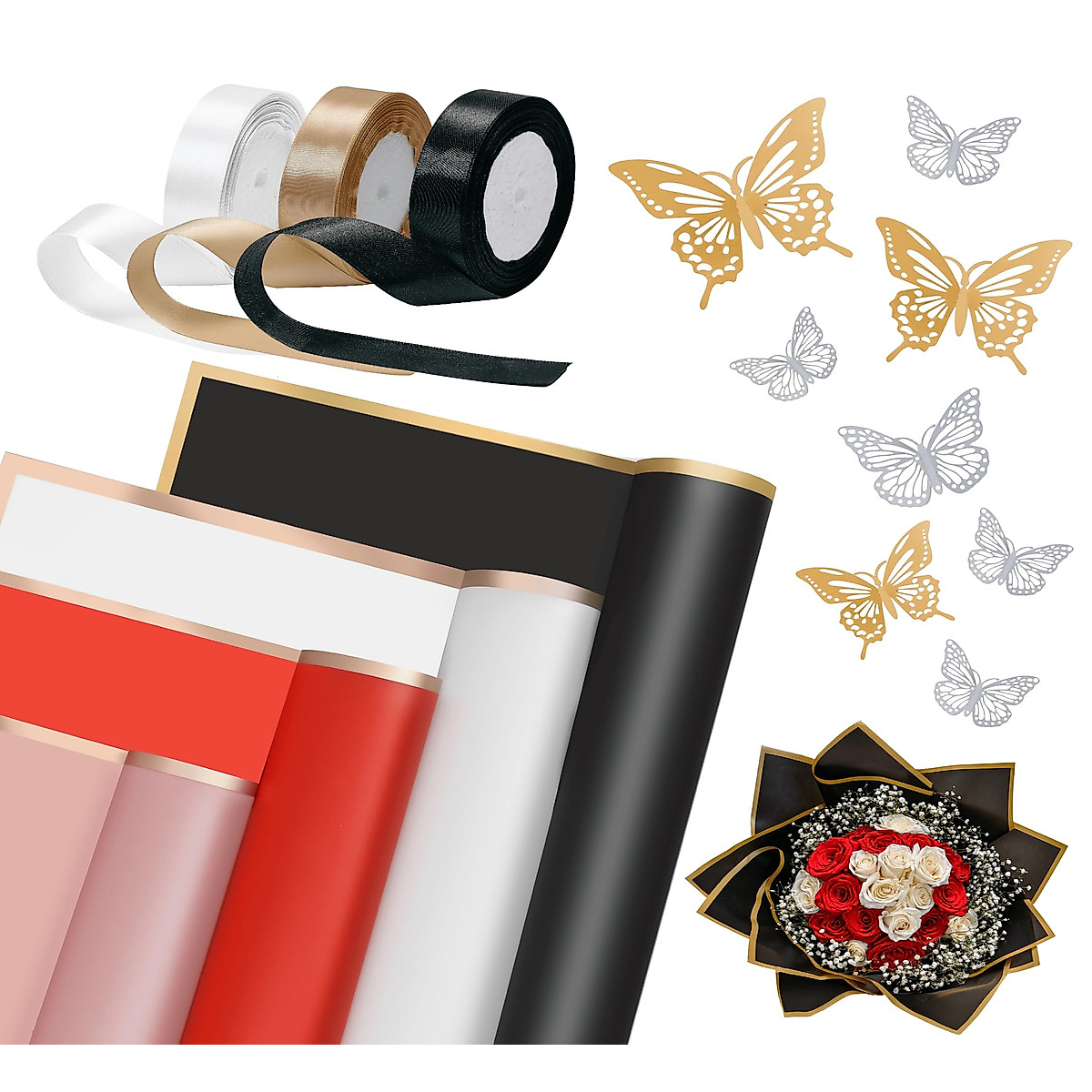 48 Sheets Flower Wrapping Paper , Wrapping Paper with 24 Butterflies 3D and 3 Satin Ribbon , Bouquet Wrapping Paper Waterproof , Papel para Ramos de Flores , Floral Wrapping Paper, Floral Paper (4 Colors)