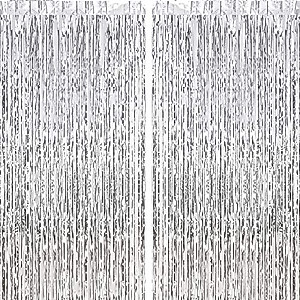 CHRORINE 2pcs 3ft x 8.3ft Silver Tinsel Foil Fringe Curtains Streamers Backdrop for Birthday Graduation Engagement Bridal Shower Bachelorette Baby Shower Holiday Party Decorations