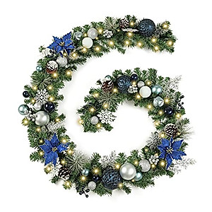 WBHome Pre-lit 9 Feet/108 Inch Christmas Garland, Navy Blue & Silver Lighted Garland with 50 LED Lights for Indoor Outdoor Xmas Decor Holiday Decorations, Battery Operated (Batteries NOT Included)